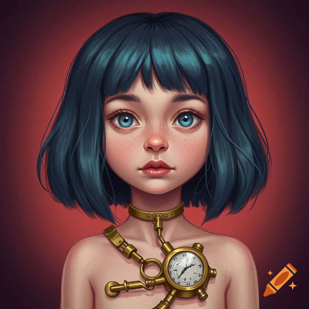 A stylized girl is depicted with a clock mechanism on her chest. on Craiyon