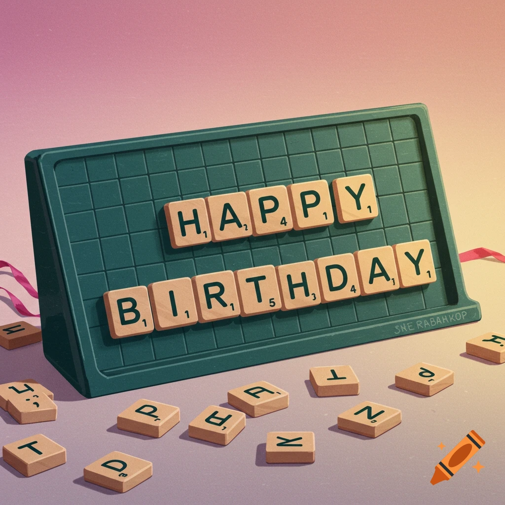 Scrabble tiles on a board spelling "Happy Birthday" with scattered ...