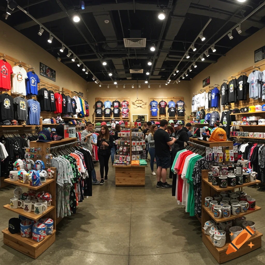 Interior view of a retail store selling shirts and novelties with ...