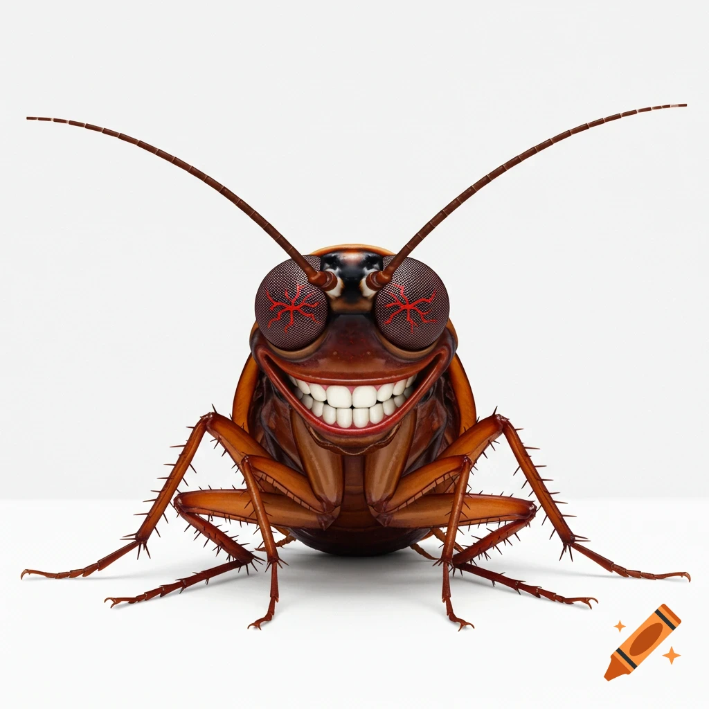 Realistic 3D rendering of a cockroach with large tired eyes and a wide ...