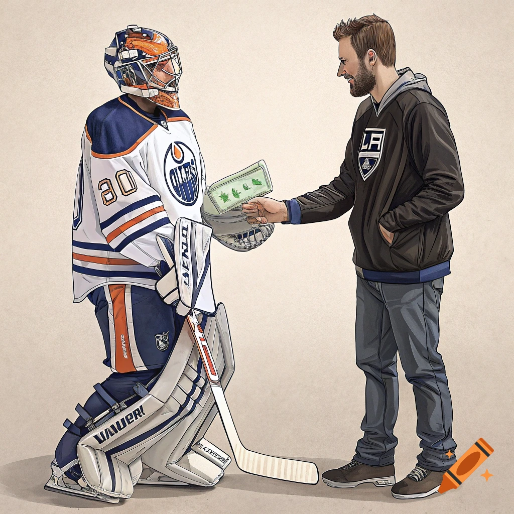 Edmonton Oilers goalie Stuart Skinner interacting with an LA Kings ...