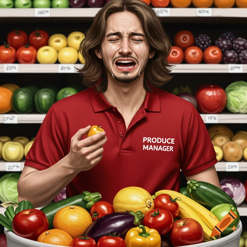 Man in produce polo holding fruits and vegetables, crying on Craiyon