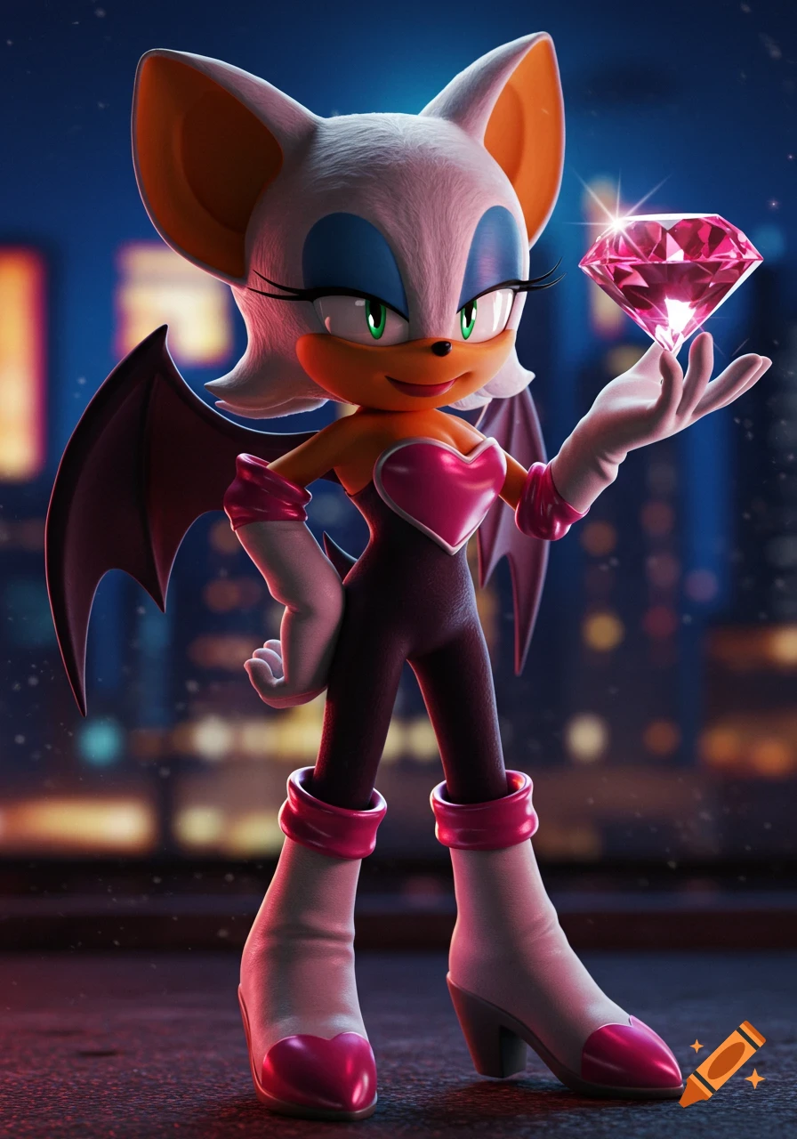 Rouge the Bat holds a large pink gem in a nighttime city setting. on ...