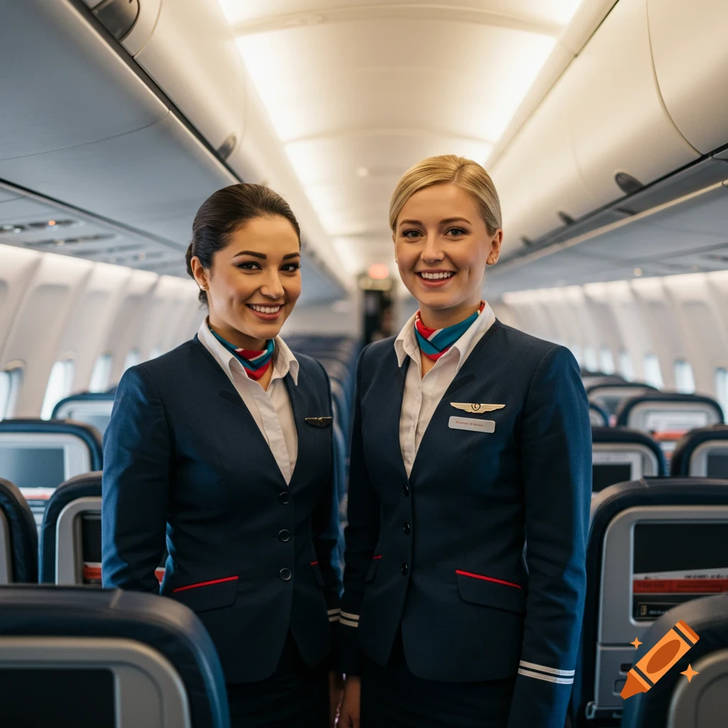 Two smiling female flight attendants stand in the aisle of an airplane ...