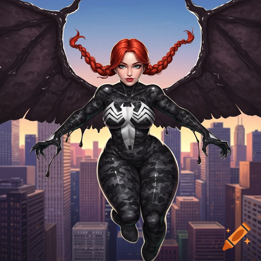 Redhead venom girl in black camo suit flying over city on Craiyon