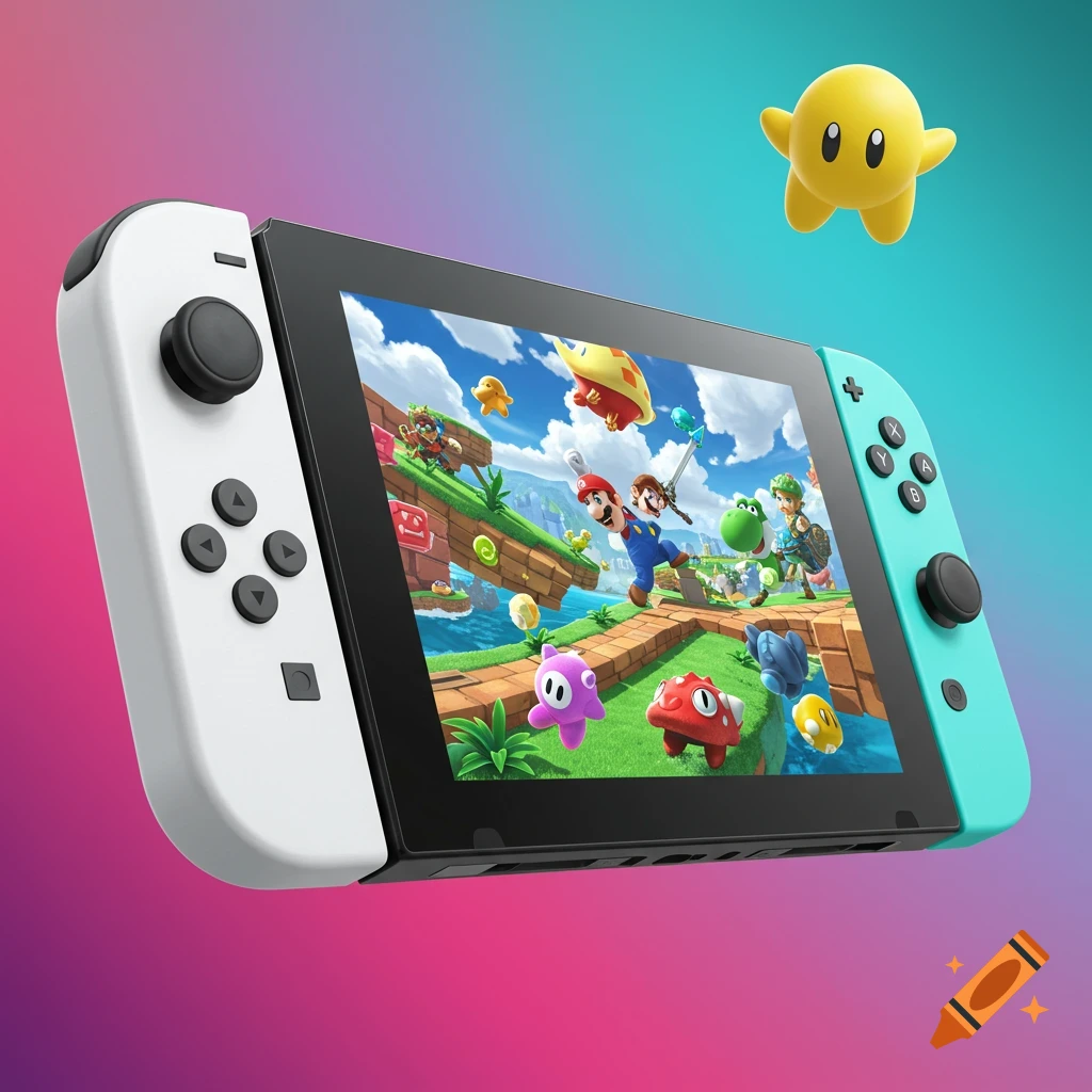 Hand holds a Nintendo Switch console in a futuristic tech setting with ...