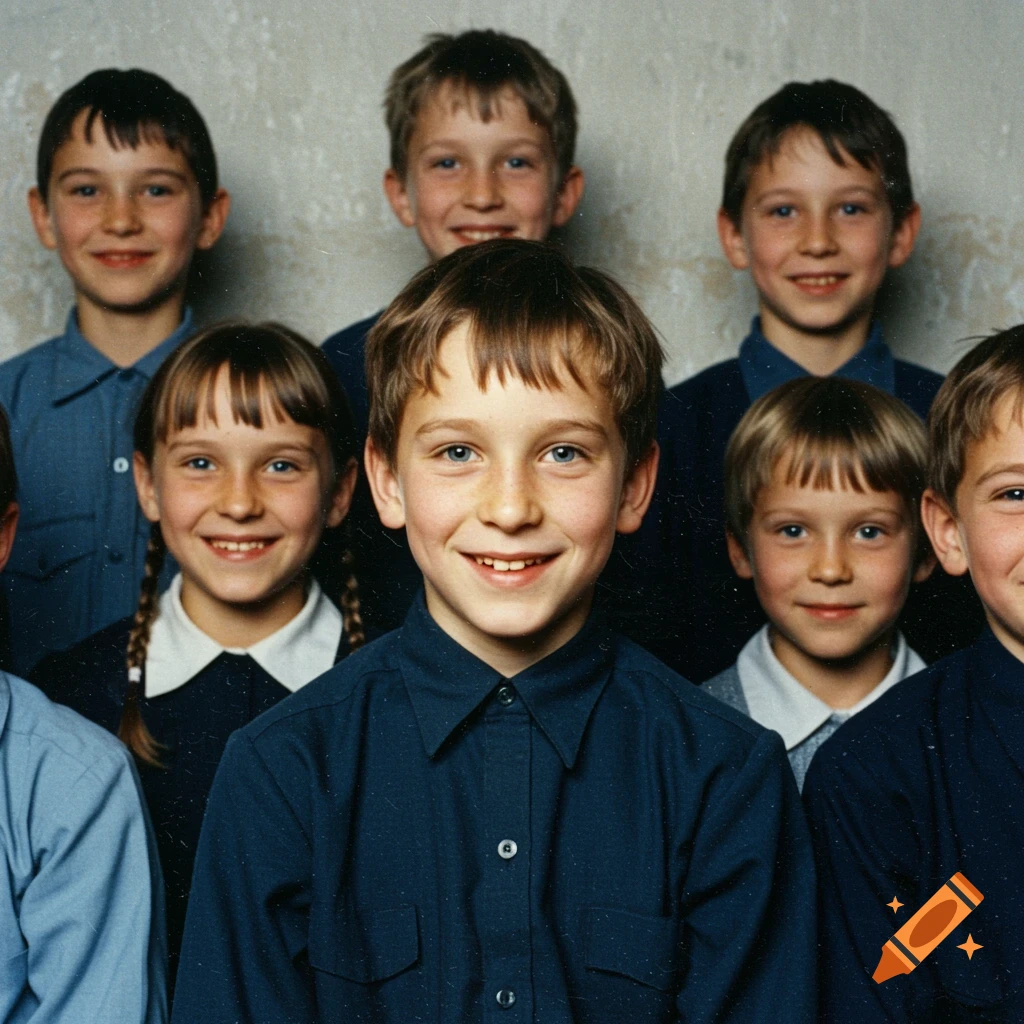 Russian boy in 90s orphanage school yearbook photo on Craiyon