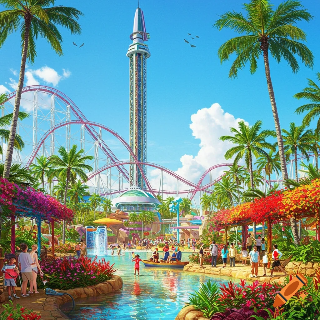 A vibrant image of a tropical theme park with a tall tower, roller ...