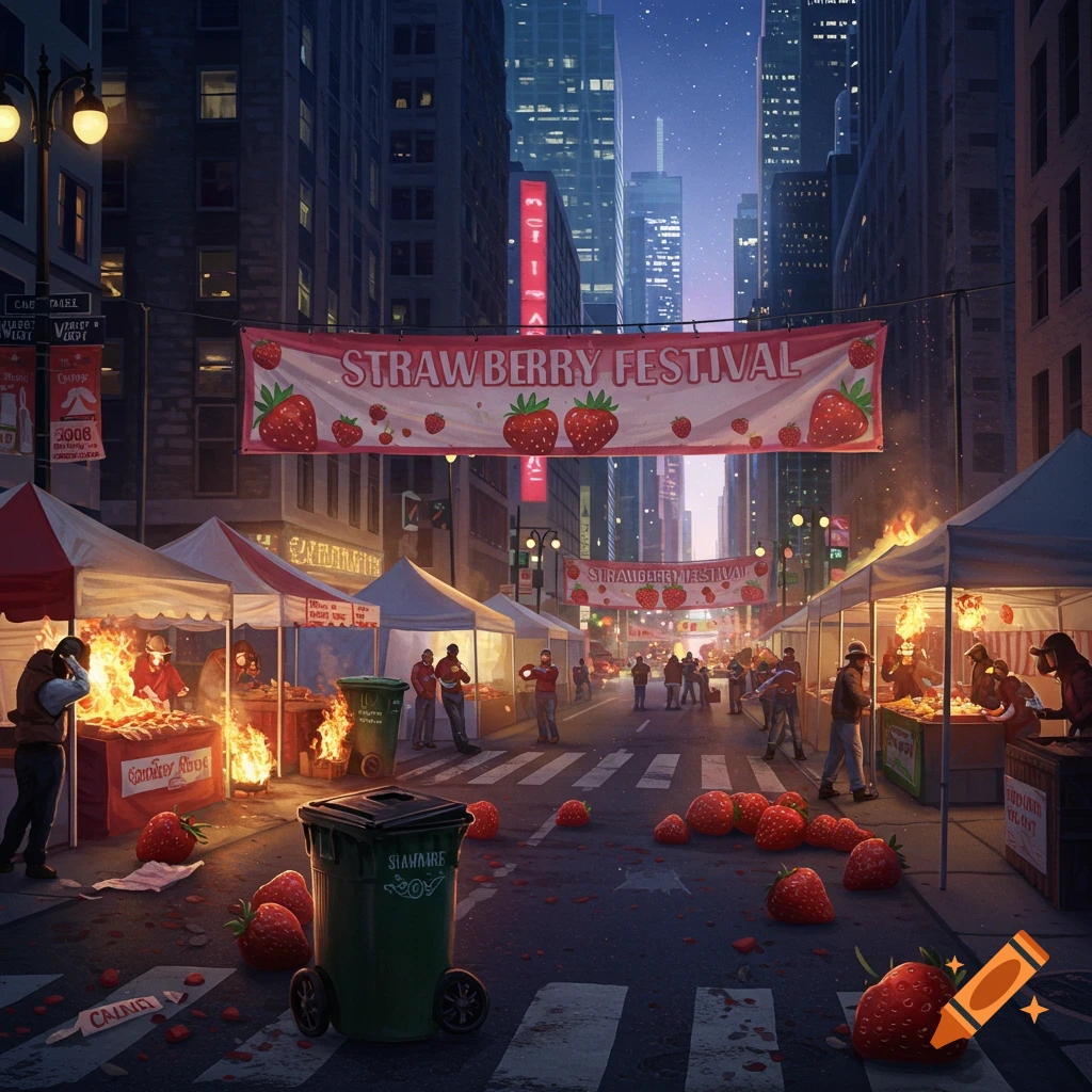 Riot scene on a New York City street at dusk with burning trash cans ...