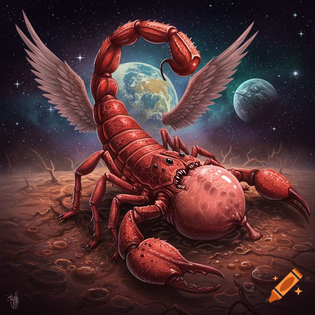 Giant red scorpion with wings and large jaws on a planet on Craiyon