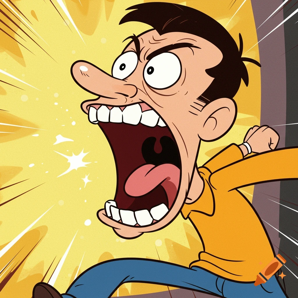 Cartoon man yelling with a speech bubble saying BOMBACLAT on Craiyon