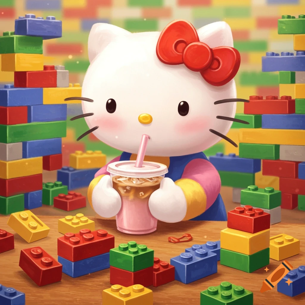 Hello Kitty drinking iced coffee and building Legos on Craiyon