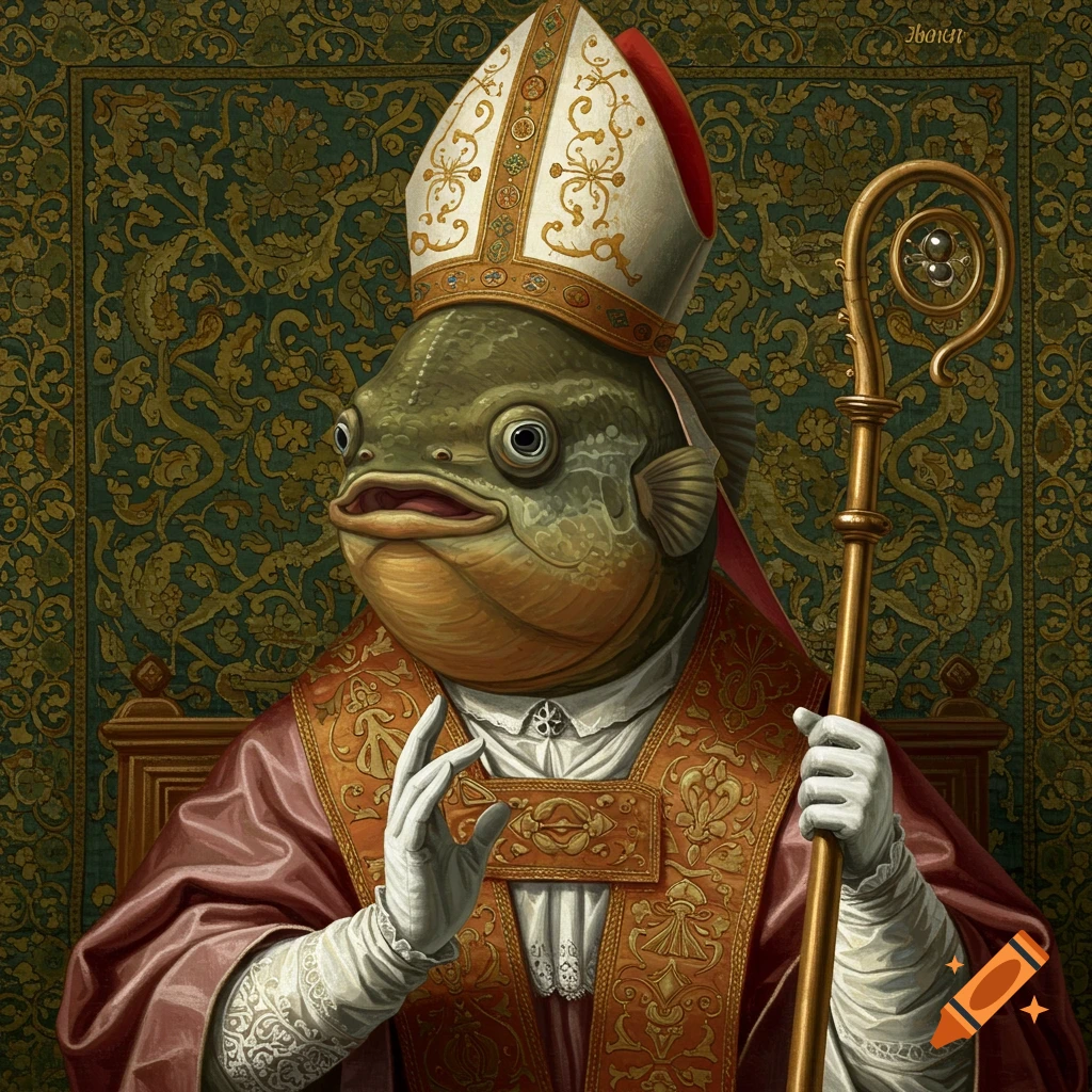 A portrait of a dog dressed in ornate papal robes and mitre, holding a ...