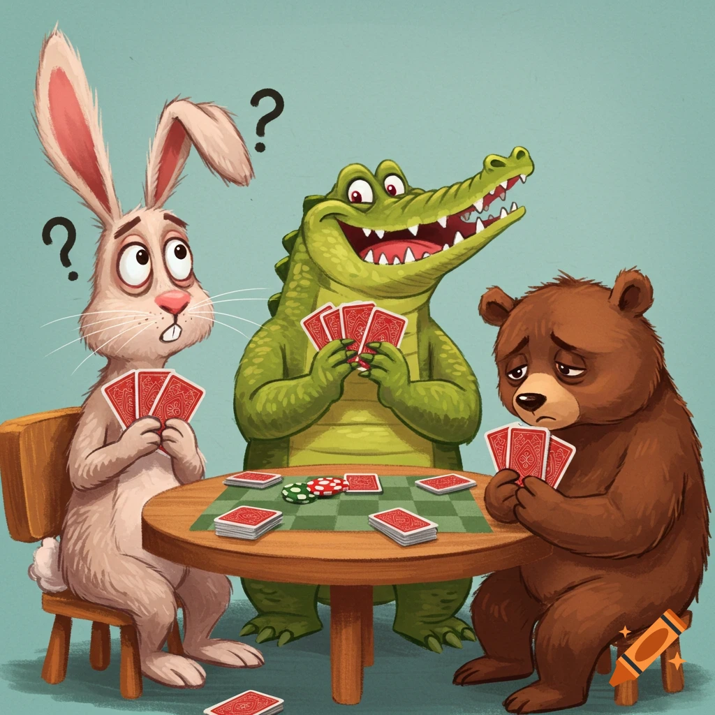Confused rabbit, happy crocodile, and sad bear playing cards on Craiyon