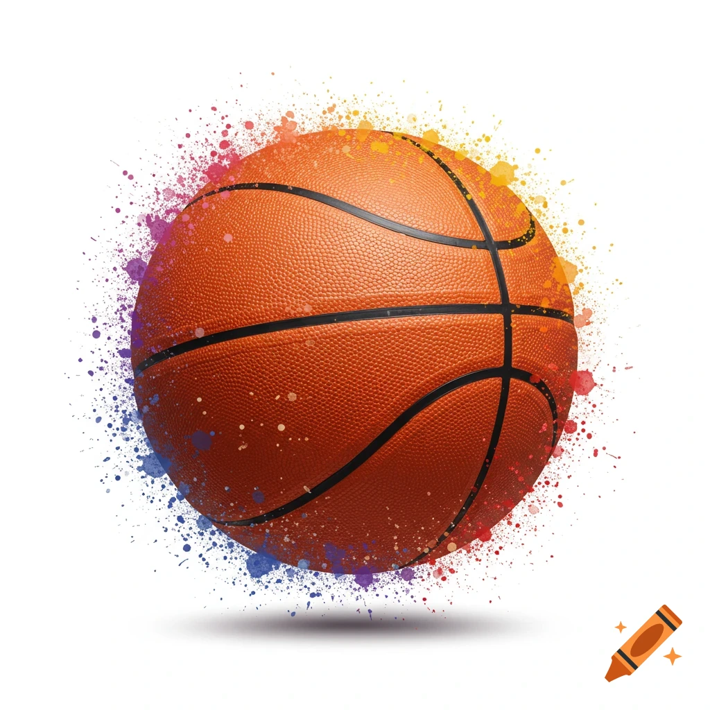 Vibrant abstract basketball with colorful paint splatters on white ...
