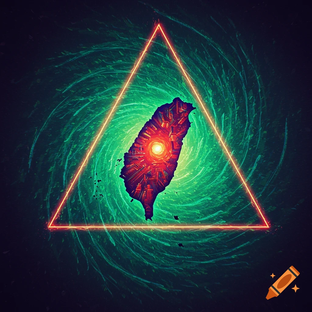 Stylized map of Taiwan within a glowing triangle and green swirling ...