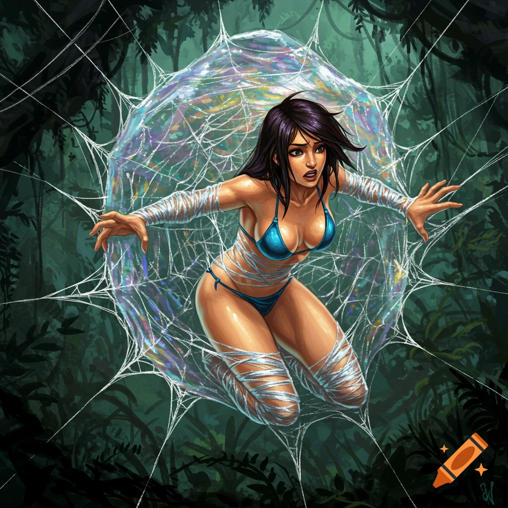 Samus from Metroid in spider web cocoon wearing a bikini on Craiyon