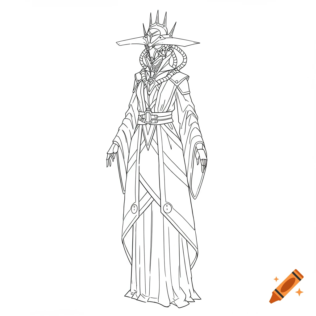 Line drawing of a futuristic witch costume inspired by Macbeth on Craiyon