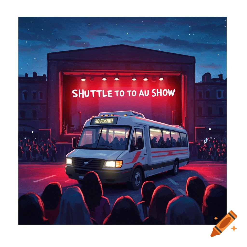 A white shuttle bus is parked in front of a large stage with a neon ...