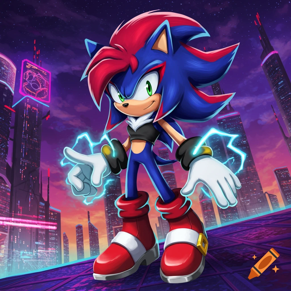 A green hedgehog Sonic OC character stands confidently in a neon-lit ...
