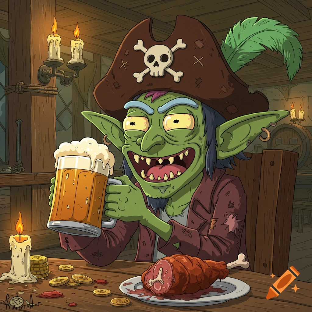 Goblin wearing a pirate hat drinking a beer in Rick and Morty cartoon ...