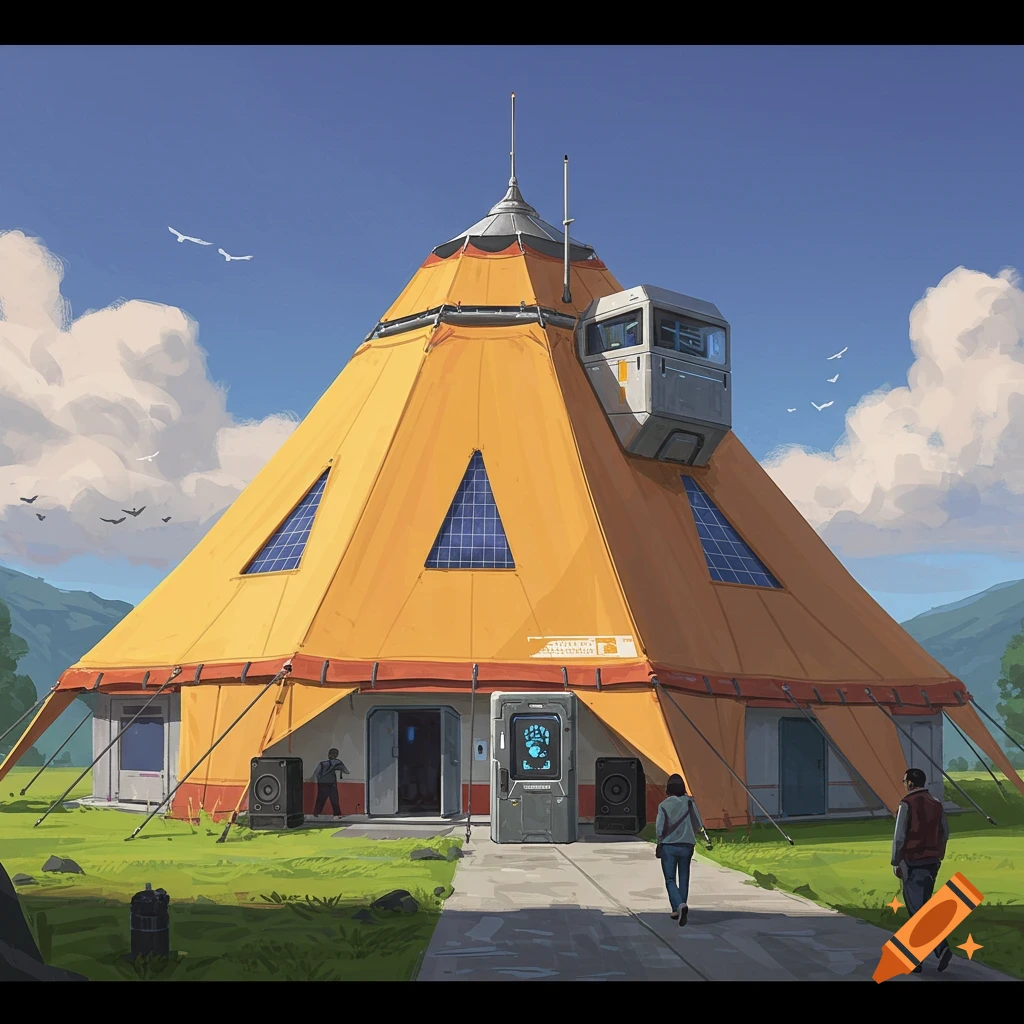 A futuristic, tent-shaped building with people walking towards the entrance. on Craiyon