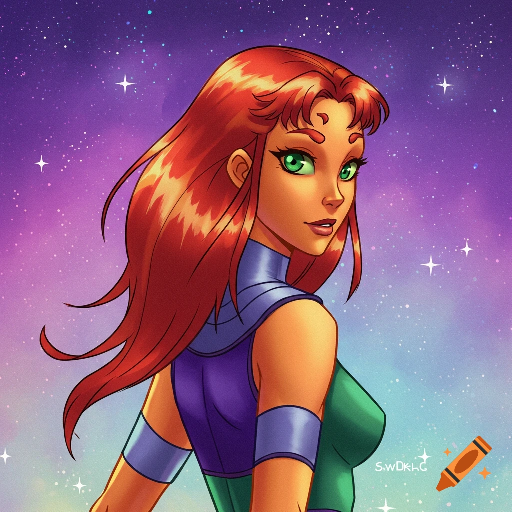 Starfire with long red hair and green eyes looks back over her shoulder ...