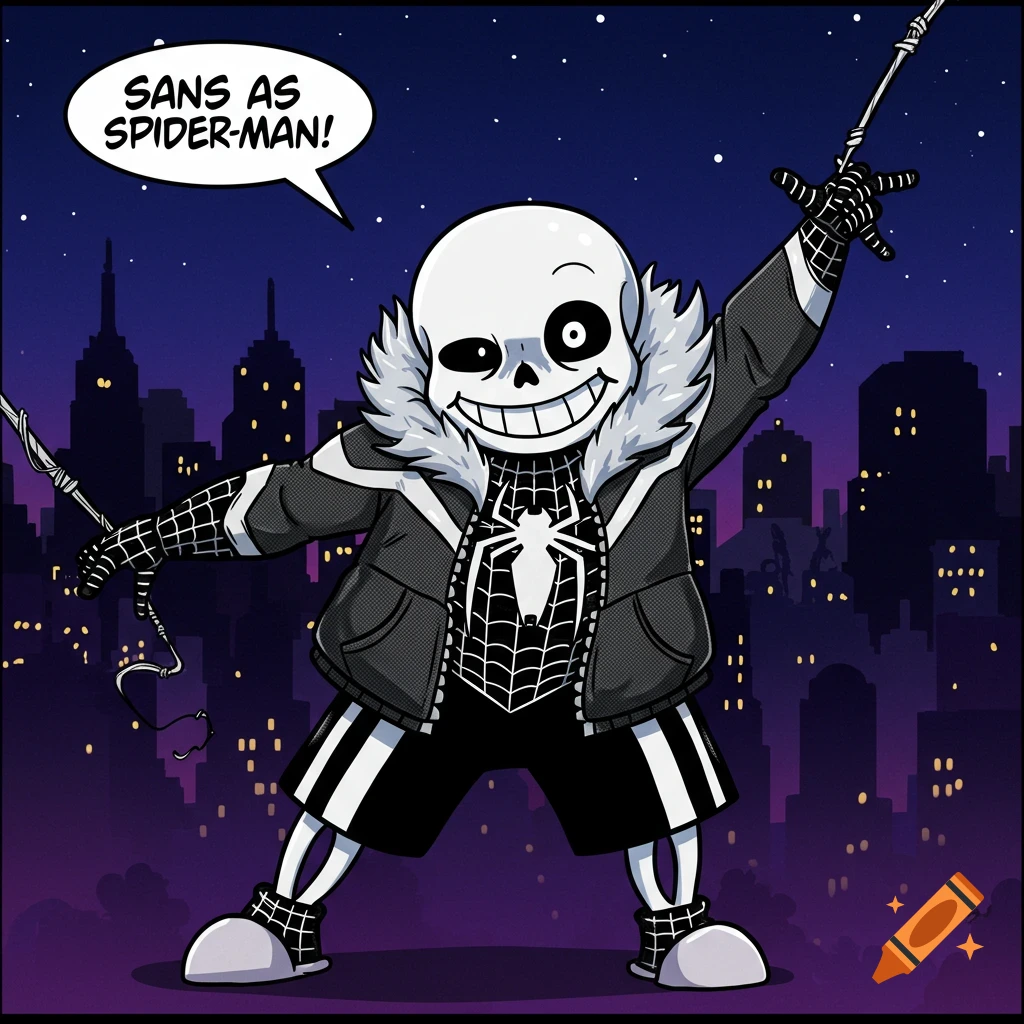 Comic art of Sans from Undertale dressed as Spider-Man swinging through ...