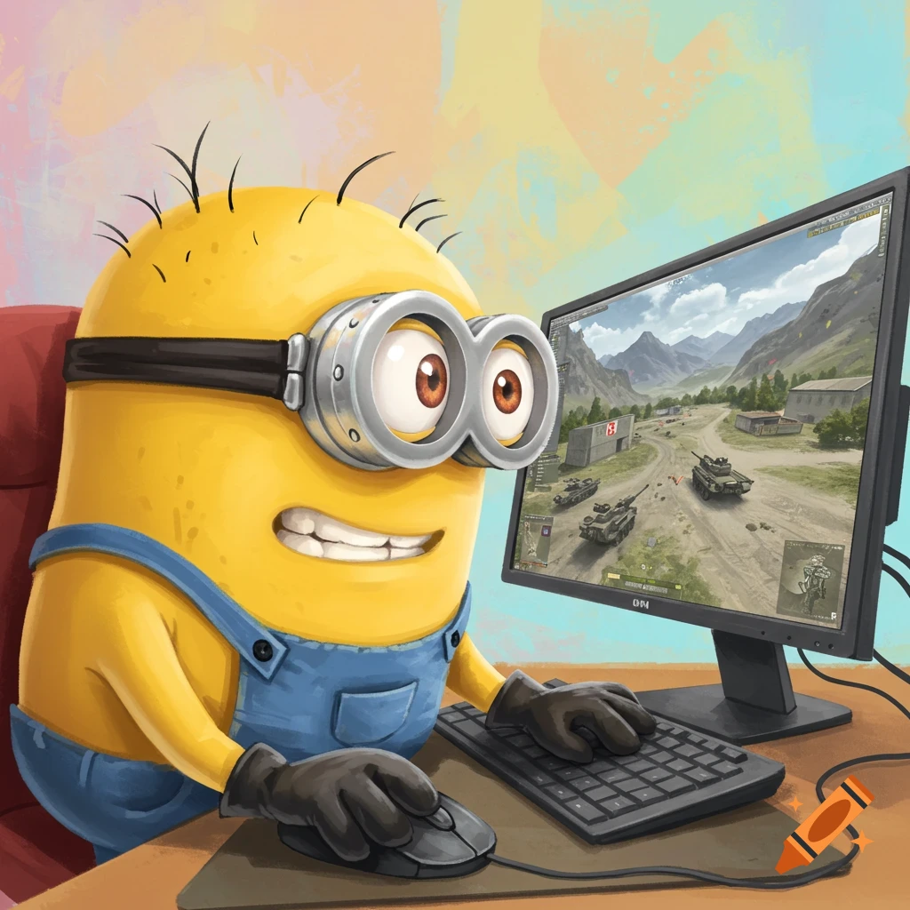 A Minion character plays a tank video game on a computer. on Craiyon