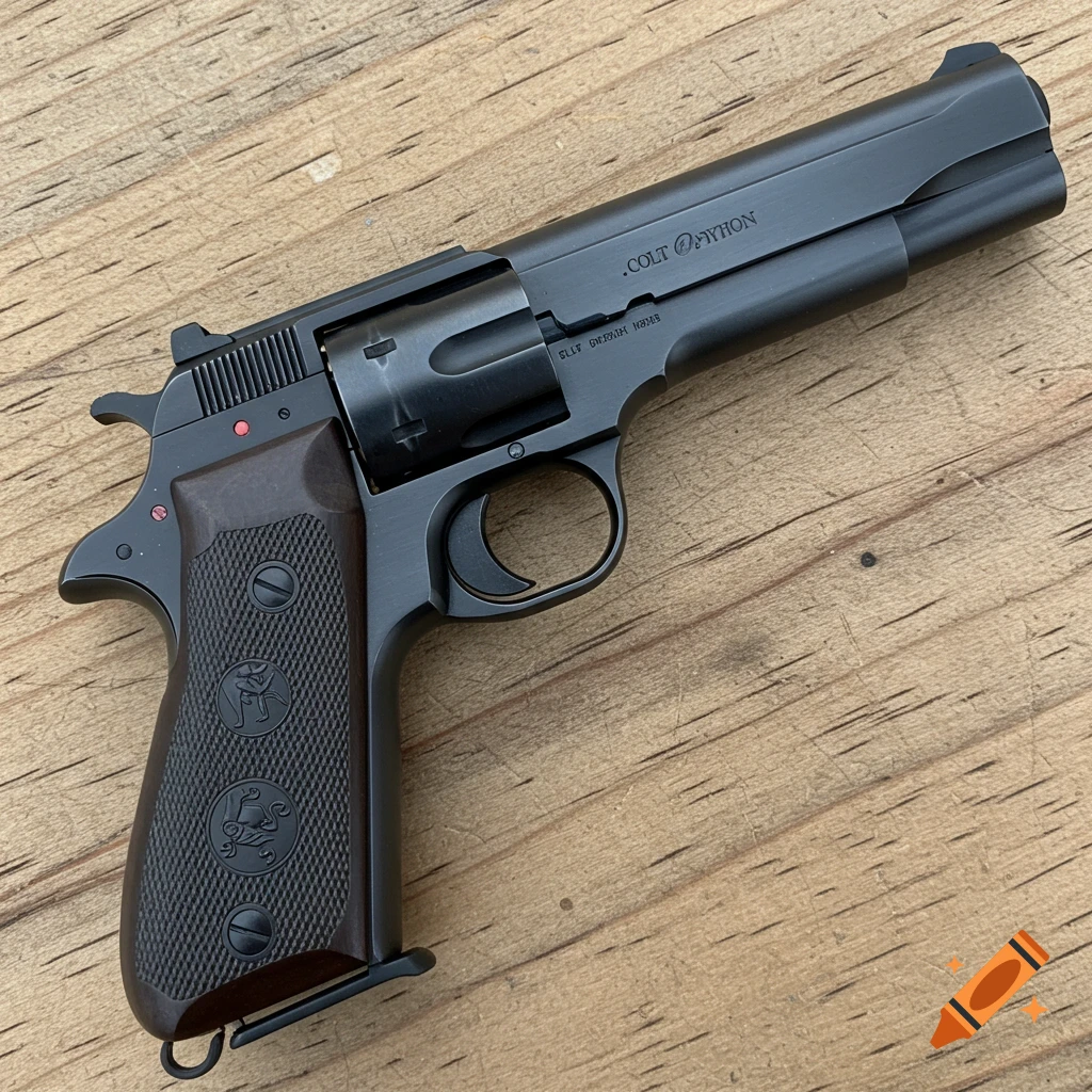 Bandaged hand on a Colt Python .357 Magnum on Craiyon