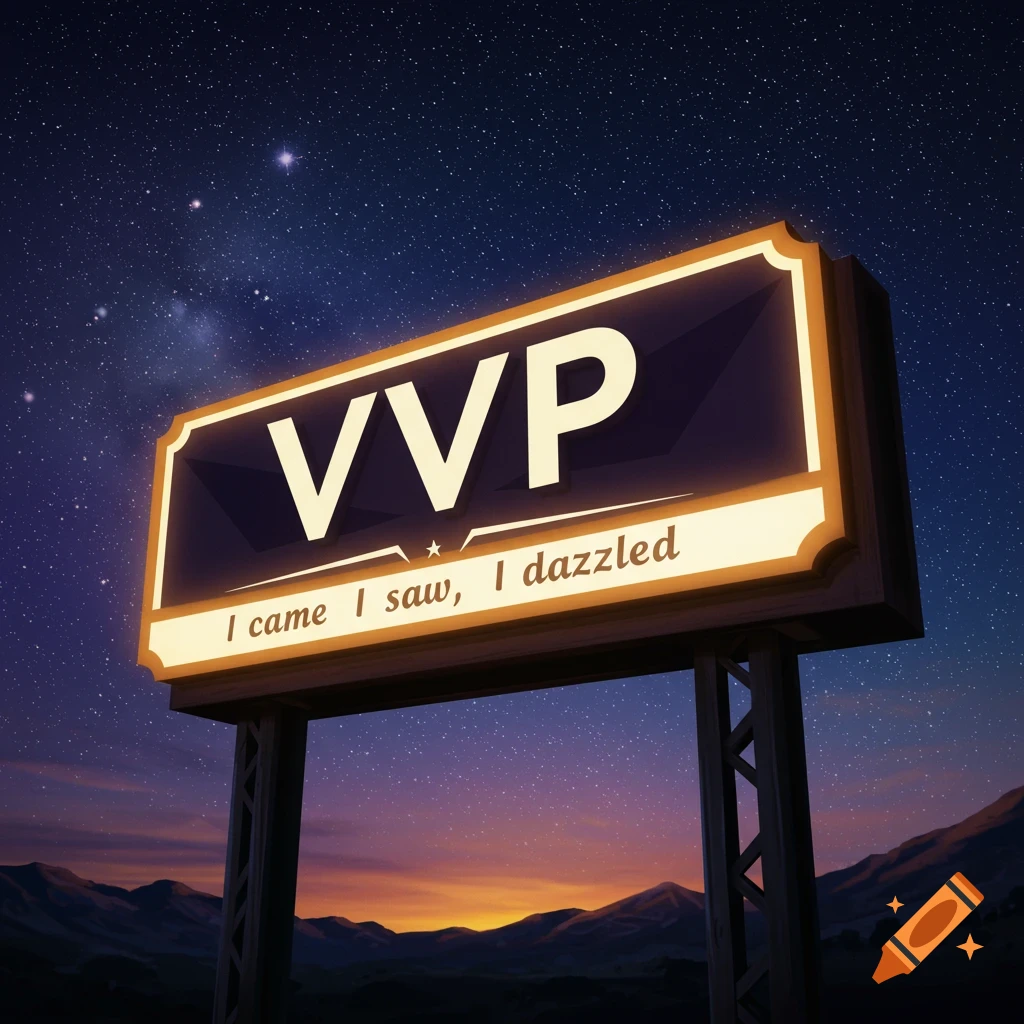 Sign with the text 'VVP', 'I came, I saw, I dazzled'. on Craiyon