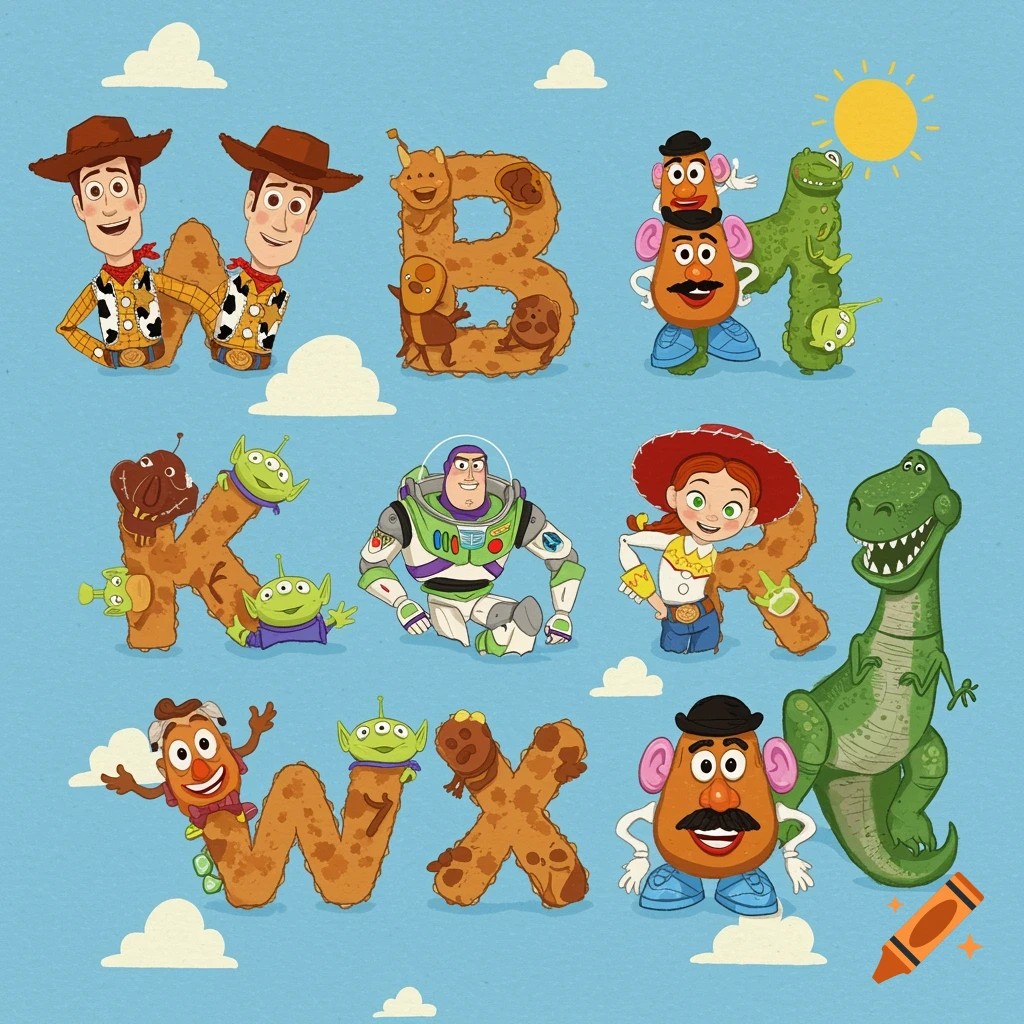 Illustrated Toy Story characters, including Woody, Buzz, Jessie, Rex ...