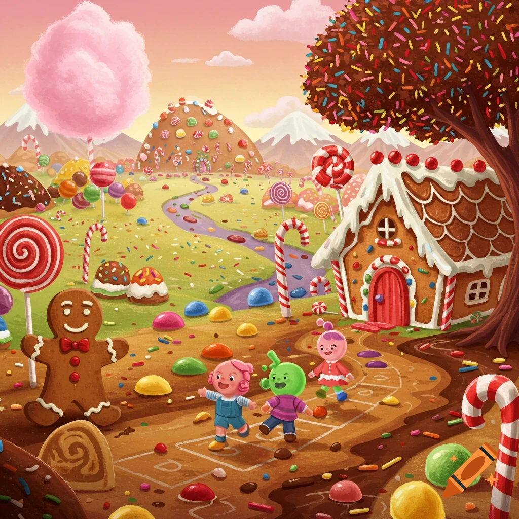 A vibrant illustration of a candyland landscape with candy houses ...