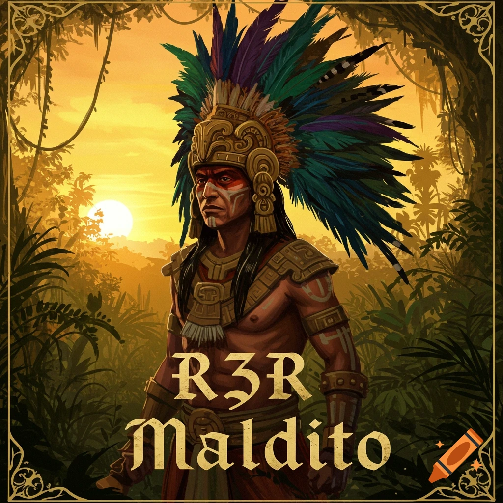 Aztec design with "R3R Maldito" text in old English font on Craiyon