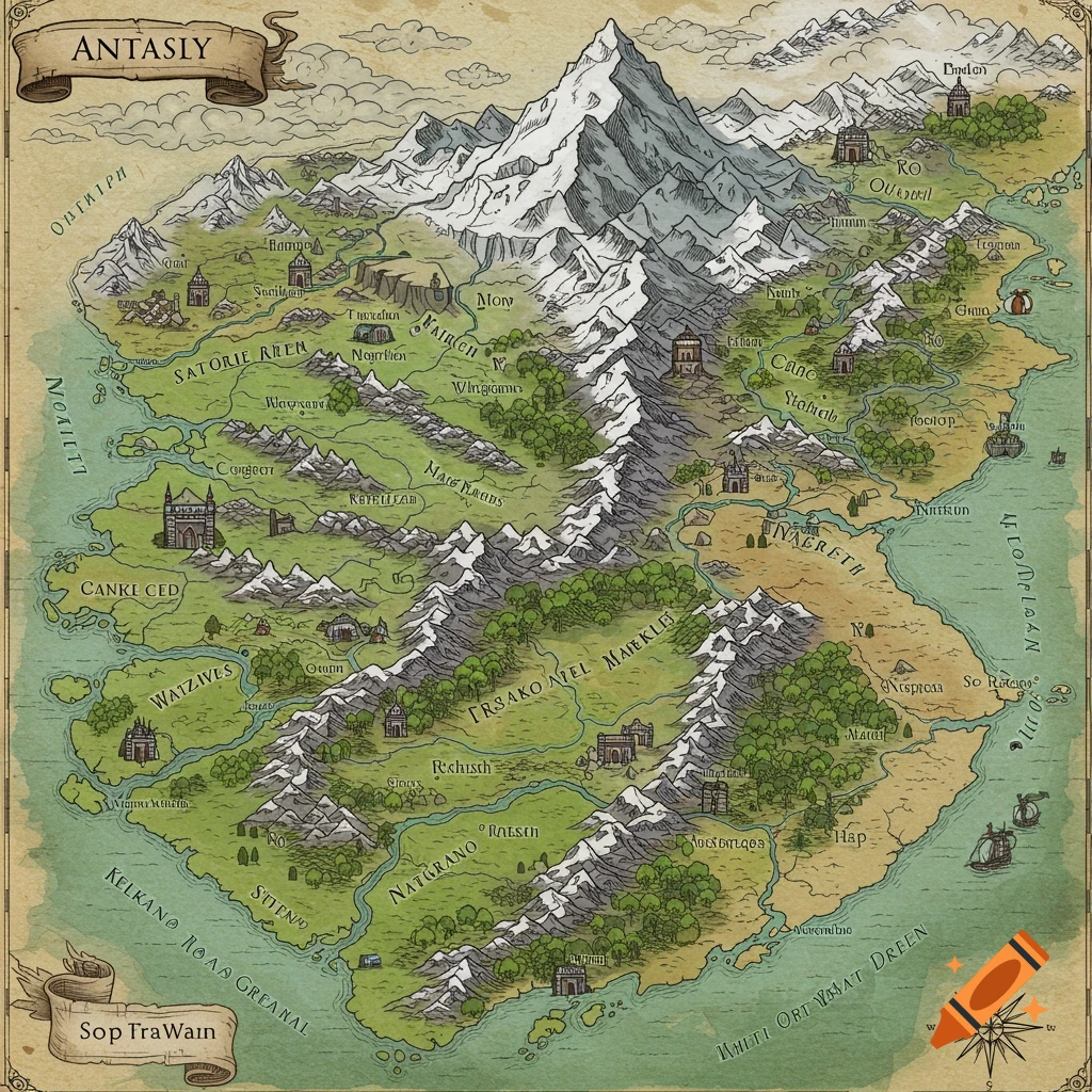 Fantasy continent map with northern mountain range on Craiyon