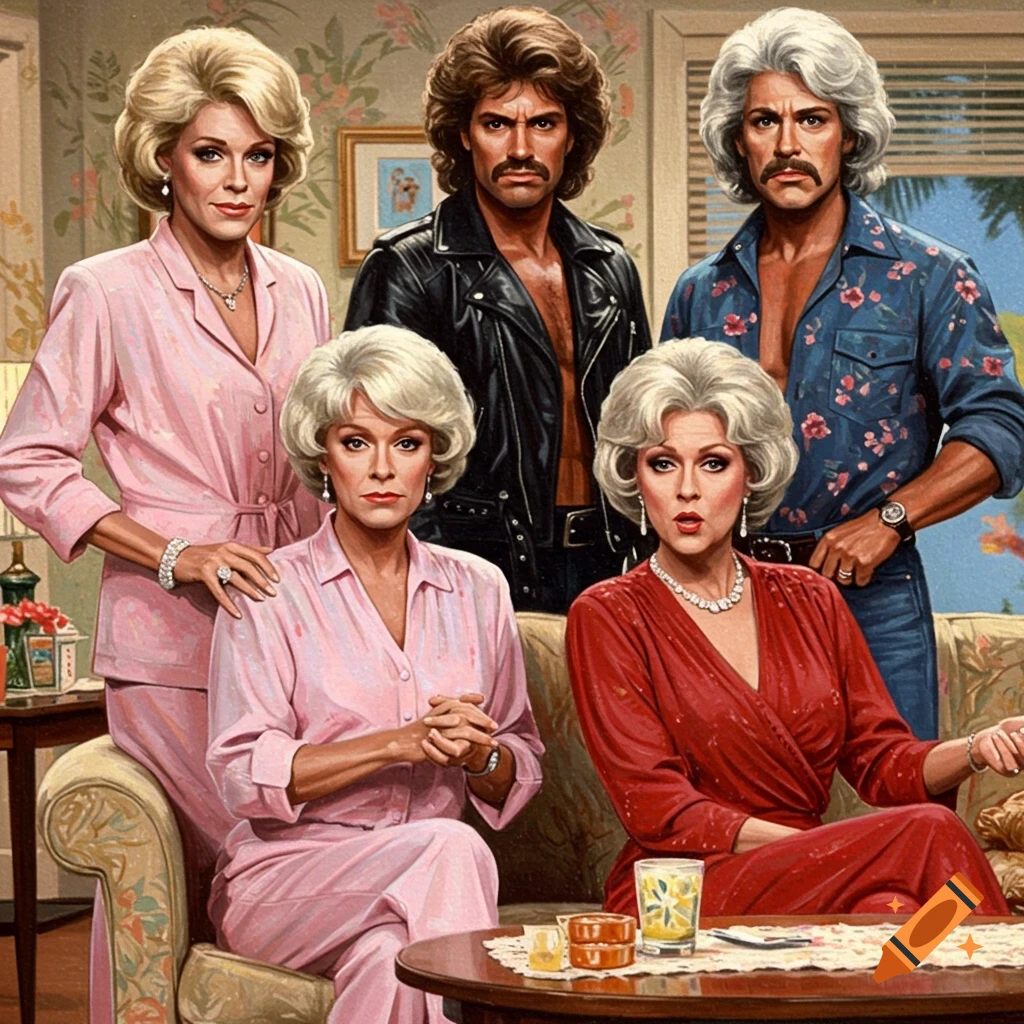 Golden Girls scene with 80s action stars in drag on Craiyon