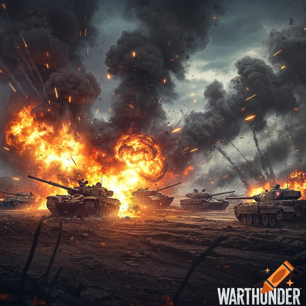 Tanks exploding in a battlefield with heavy smoke. on Craiyon