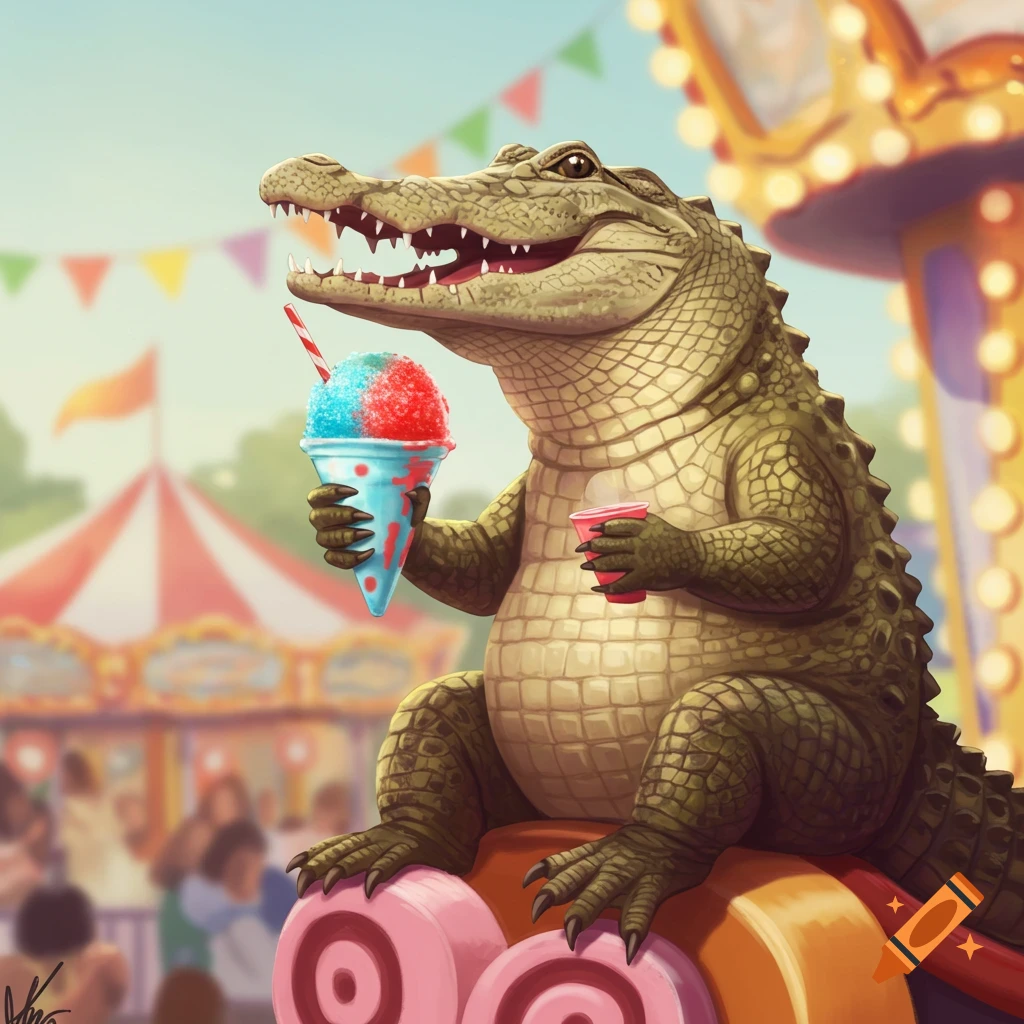 Alligator riding a ride and eating a snow cone, fun image for kids and ...