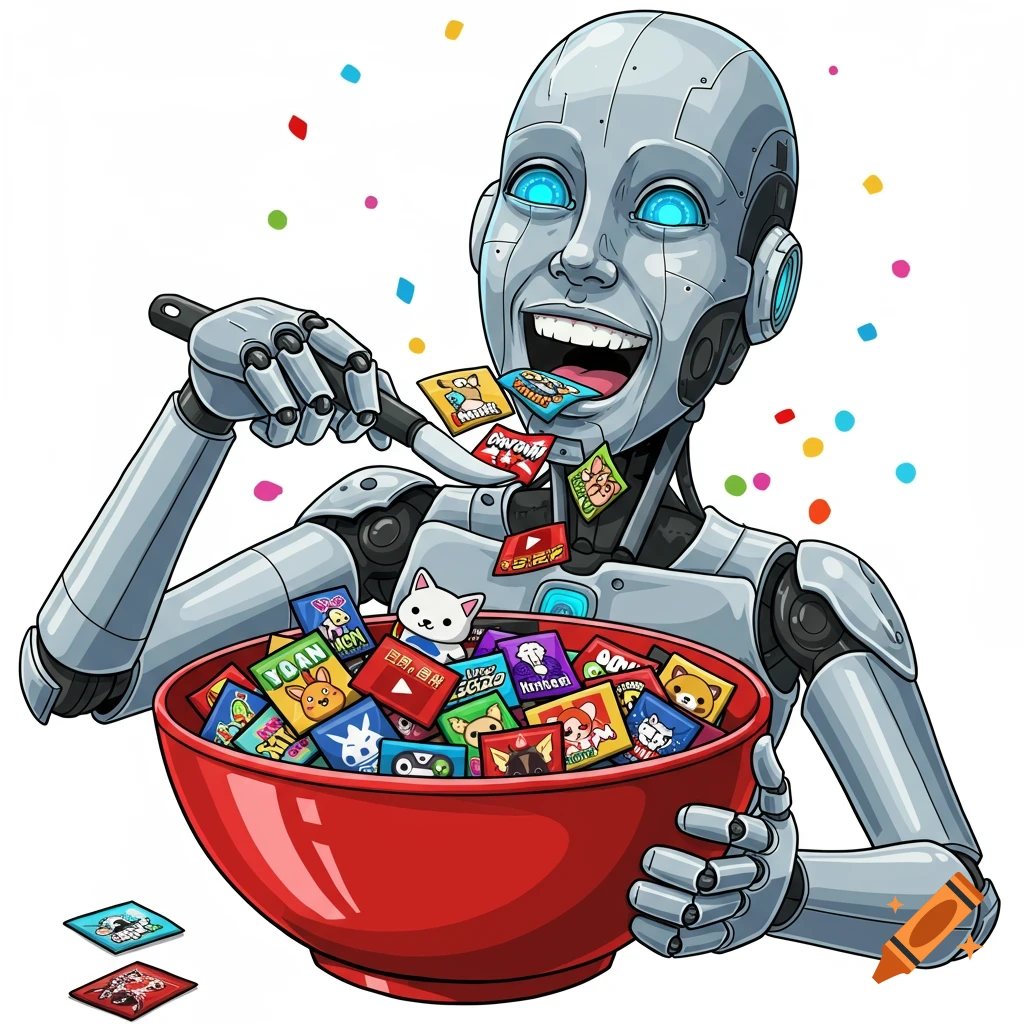 Digital illustration of a robot eating colorful squares resembling ...