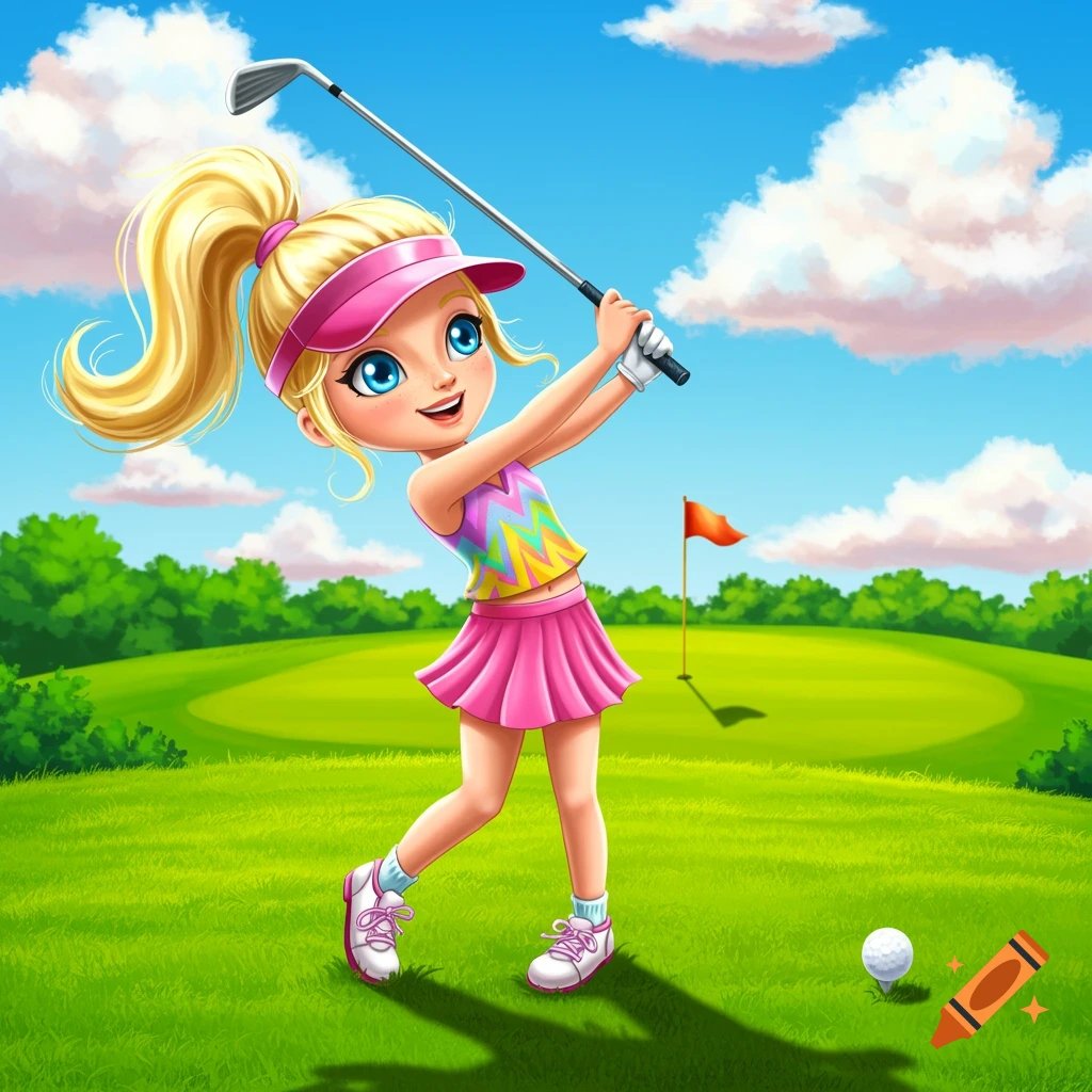 Cartoon illustration of a young girl swinging a golf club on a sunny ...