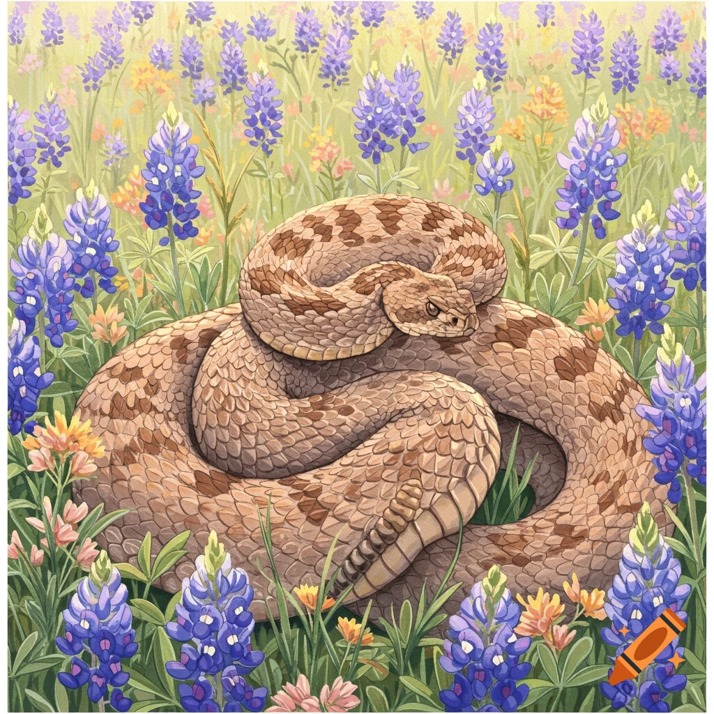 A rattlesnake coiled among bluebonnets and wildflowers. on Craiyon
