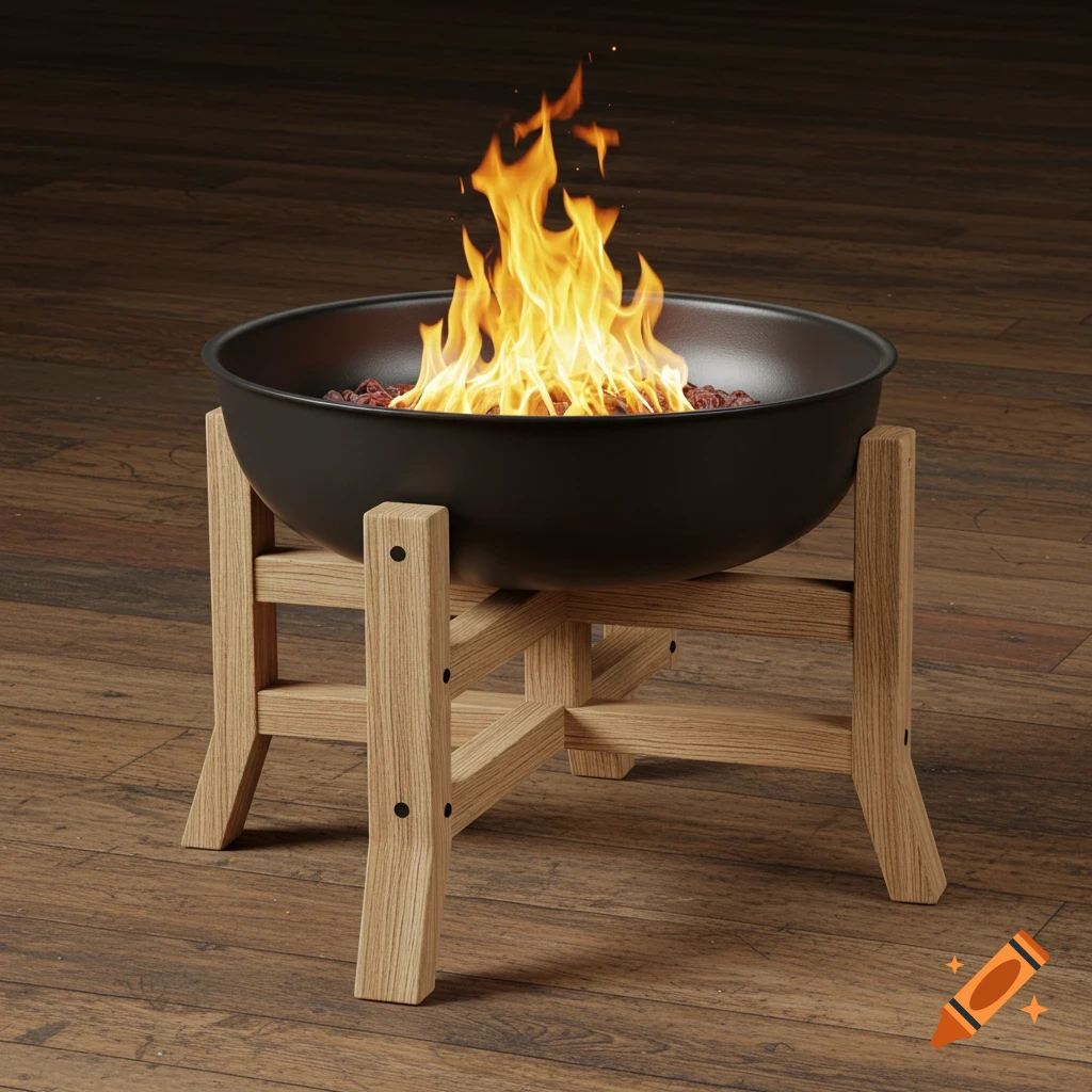 A black fire pit bowl sits on a wooden stand with a fire burning, on a ...