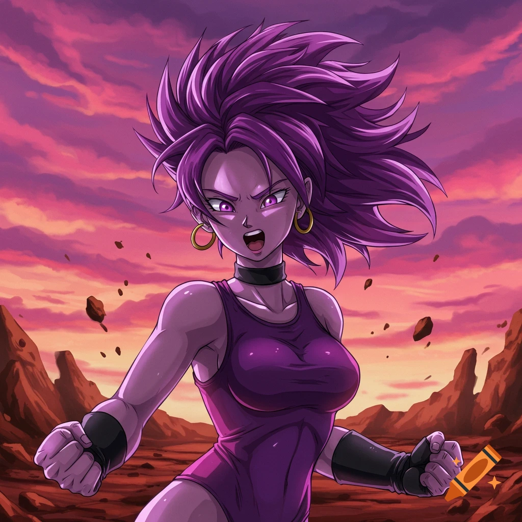 Anime character with purple hair and leotard in a desert at sunset on ...