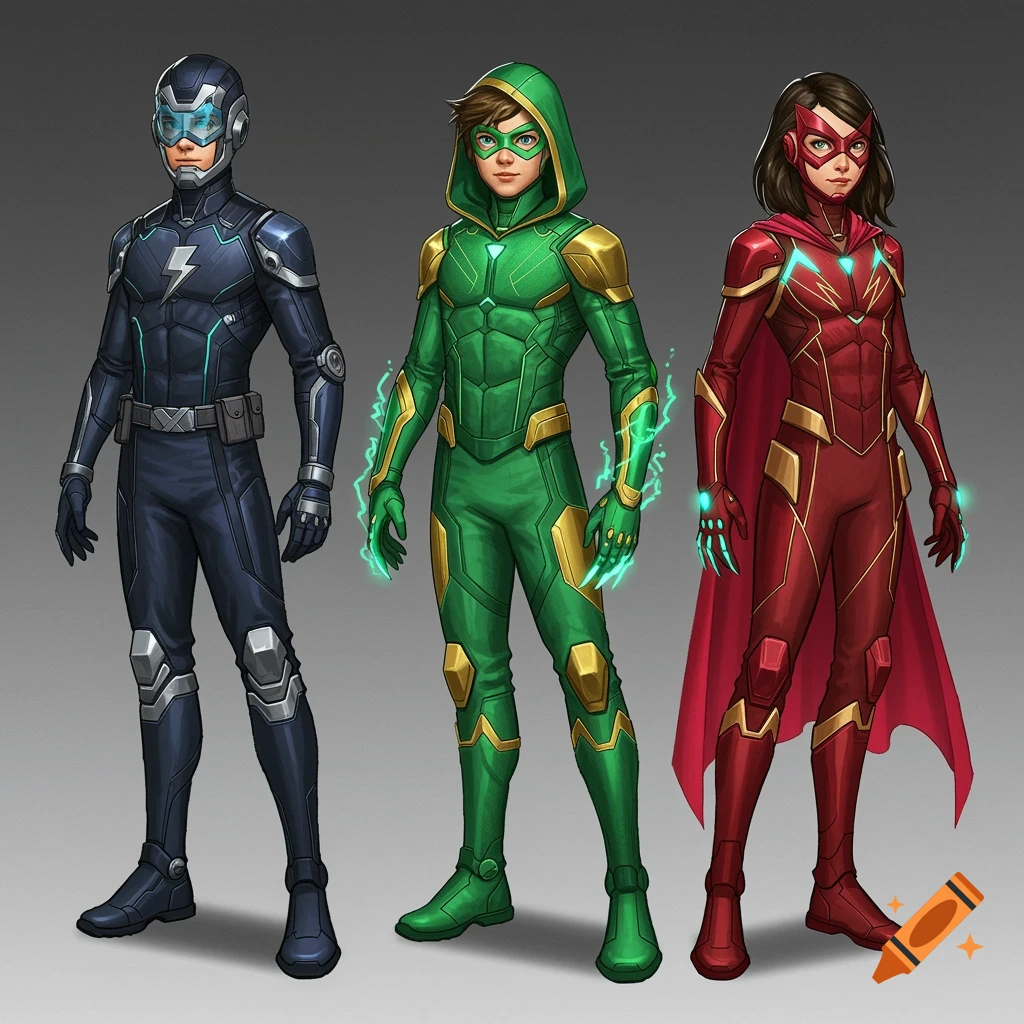 Superhero team suit concepts: two boys, one girl on Craiyon