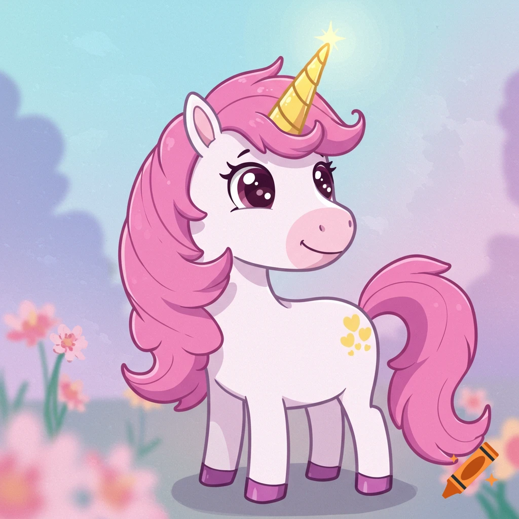 A cute cartoon unicorn with pink mane and tail stands in a field of flowers. on Craiyon