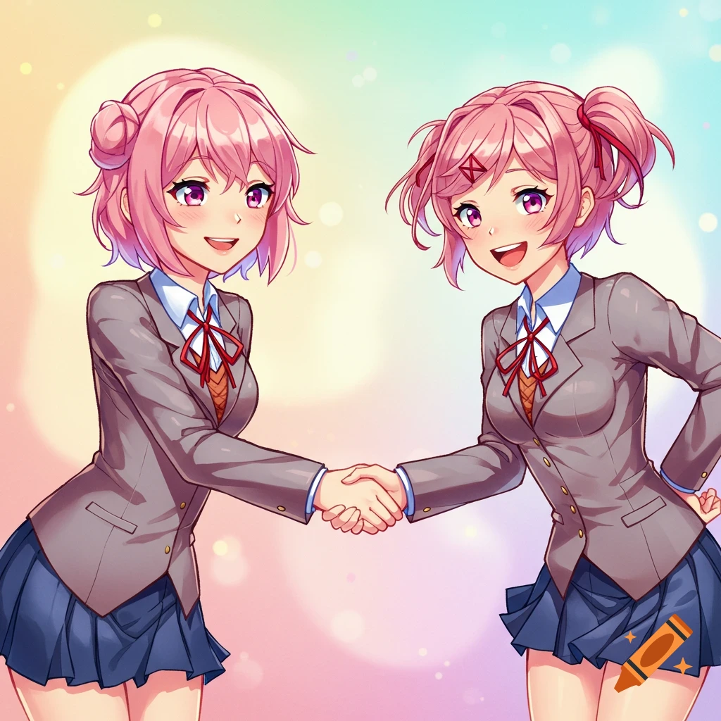 Sayori and Natsuki from DDLC shaking hands on Craiyon