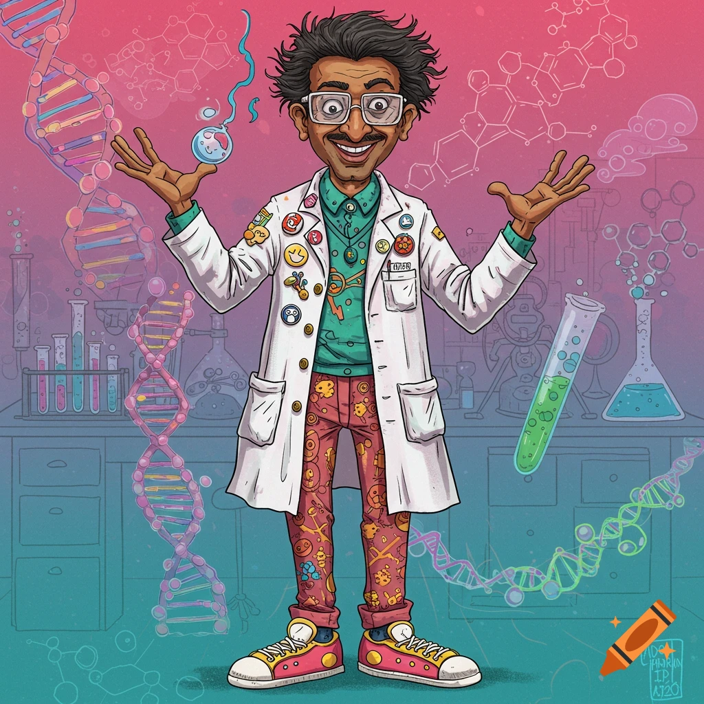 Cartoon of a quirky scientist in a lab gesturing among DNA strands and ...