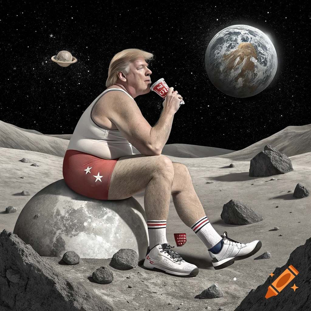 Figure resembling Donald Trump sits on the moon in a tank top and red ...