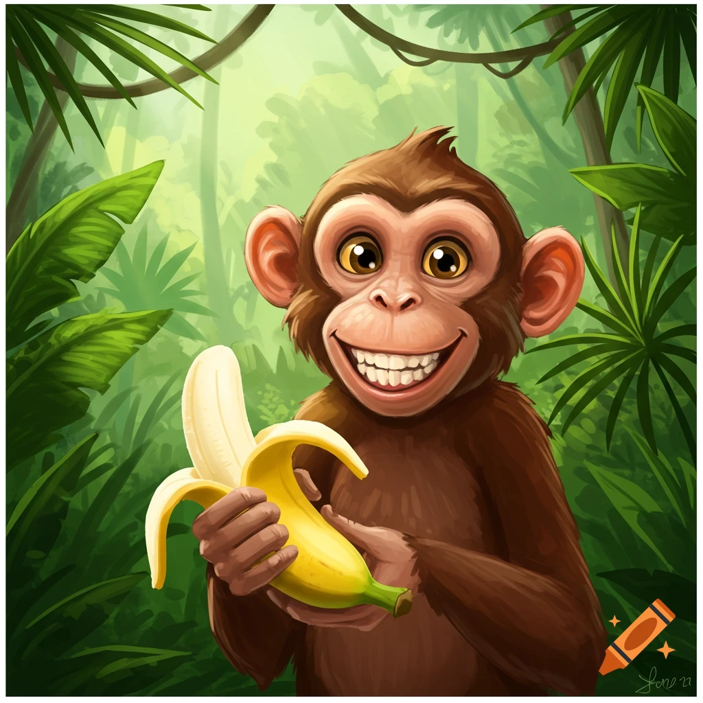 Cartoon illustration of monkeys in a jungle treehouse with a banana ...