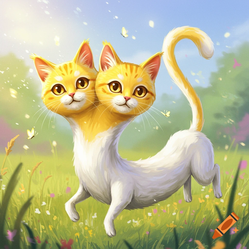 A two-headed yellow tabby cat with a white body runs through a grassy ...